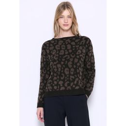 Rundhalspullover STREET ONE STUDIO, Damen, Gr. 42, schwarz, Stoff;Web, 50% Nylon, 27% Polyacryl, 18% Baumwolle, 5% Elasthan, animal-print, normal normal, U-Boot-Ausschnitt, Bündchen, Pullover, aus softem Materialmix