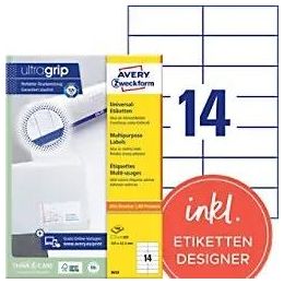 Avery Zweckform ultragrip Universaletiketten 3653 Selbsthaftend DIN A4 Weiß 105 x 42,3 mm 100 Blatt à 14 Etiketten