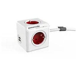 ALLOCACOC PowerCube Power Extension mit 4 Kontakten und 2 USB-A 1,5 m, weiß, rot