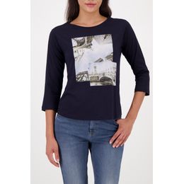 3/4-Arm-Shirt monari "Shirt Druck + Schmuck", Damen, Gr. 36, blau (night sky), Web, Obermaterial: 50% Baumwolle, 50% Modal, unifarben, regular fit taillenbedeckt, Rundhals, eingesetzt abgesteppte Kante, Shirts, Regular fit mit Rundhalsausschnitt
