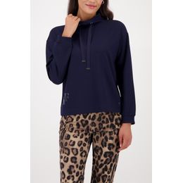 Sweatshirt monari "Sweatshirt Schmuckdetail", Damen, Gr. 42, blau (night sky), Sweatware, Obermaterial: 55% Polyester, 38% Viskose, 7% Elasthan, unifarben, Modisch, regular fit normal, hoch geschlossener Ausschnitt, eingesetzt Bündchen, Sweatshirts, Stehkragen mit Bindeband, Logo aus Strasssteinen