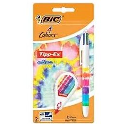 BIC 4 Colours Kugelschreiber Blau, Grün, Rot, Schwarz Mittel 0.4 mm Nachfüllbar + Tipp-Ex Mini Pocket Mouse in Batikoptik