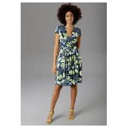 Sommerkleid Aniston SELECTED, Damen, Gr. 44, N-Gr, bunt (schwarz, weiß, hellblau, hellgrün), Jersey, Obermaterial: 95% Viskose, 5% Elasthan, bedruckt, feminin, figurumspielend knieumspielend, V-Ausschnitt, Kurzarm, Kleider, in modischen Farben, Topseller