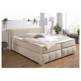 Boxspringbett Home Affaire "Chelles", beige, B:187cm L:225cm, Samtoptik (100% Polyester);Bezug der Spiegelfläche Matratzendrell aus 100% Polyester;Struktur fein 100% Polyester), Komplettbetten, Boxspringbett, inkl. Kaltschaumtopper, in 5 Breiten und 3 Matratzenarten