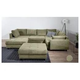Wohnlandschaft Collection AB "Toni U-Form mit Armlehne", olive, B:298cm H:44cm T:203cm, 100%Polyester, Sofas, inkl. Hocker und Zierkissen in abgesetzter Farbe, mit Bonnelfederkern