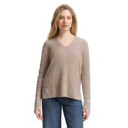 Strickpullover Tom Tailor, Damen, Gr. L, beige (soft taupe melange), Rippstrick, Obermaterial: 55% Baumwolle, 25% Polyacryl, 20% Polyester, Strukturmuster, regular fit taillenbedeckt, V-Ausschnitt, Pullover, mit Rippstruktur