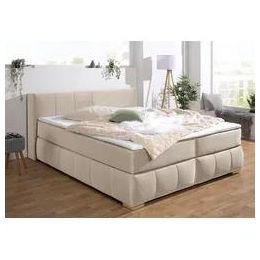 Boxspringbett Home Affaire "Chelles", beige, B:207cm L:225cm, Samtoptik (100% Polyester);Bezug der Spiegelfläche Matratzendrell aus 100% Polyester;Struktur fein 100% Polyester), Komplettbetten, Boxspringbett, inkl. Kaltschaumtopper, in 5 Breiten und 3 Matratzenarten