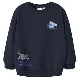 Sweatshirt name it "NMMORLING LS NREG SWEAT BRU BF", Jungen, Gr. 104, blau (navy blazer), Sweatware, Obermaterial: 100% Baumwolle, bedruckt, casual, regular fit, Rundhals, Langarm Rippbündchen, Sweatshirts