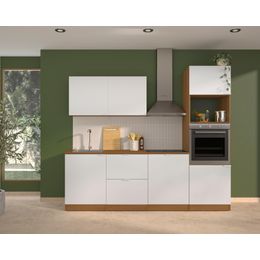 Küchenzeile GAMI "240 EDEN ohne E-Geräte", weiß (küche: weiß, front: weiß, korpus: eiche helvezia nachbildung, arbeitsplatte: eiche helvezia nachbildung), B:240cm H:200cm T:60cm, Komplettküchen-Sets, mit melaminbeschichteter Oberfläche, robust und pflegeleicht