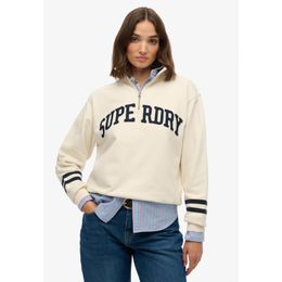 Sweatshirt Superdry "ATHLETIC ESS APPLIQUE HALF ZIP", Damen, Gr. L, beige (desert bone sanftes weiß), Sweatware, Obermaterial: 100% Baumwolle, bedruckt, loose fit normal, ohne Ausschnitt, Rippbündchen, Sweatshirts