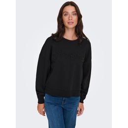 Sweatshirt Only "ONLJENNA L/S O-NECK EMB. BOX SWT", Damen, Gr. XS, schwarz (schwarz detail:amore), Sweatware, Obermaterial: 60% Baumwolle, 40% Polyester, bedruckt, Rundhals, Sweatshirts