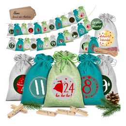 Kesser® Adventskalender zum Befüllen 24 Jutebeutel Gedruckte Stoffbeutel Kinder Weihnachtskalender zum Selber Befüllen Inkl.. 24x Schildchen + 1 Großer Aufbewahrungsbeutel Stoff