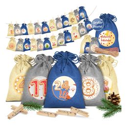 Kesser® Adventskalender zum Befüllen 24 Jutebeutel Gedruckte Stoffbeutel Kinder Weihnachtskalender zum Selber Befüllen Inkl.. 24x Schildchen + 1 Großer Aufbewahrungsbeutel Stoff