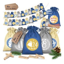 Kesser® Adventskalender zum Befüllen 24 Jutebeutel Gedruckte Stoffbeutel Kinder Weihnachtskalender zum Selber Befüllen Inkl.. 24x Schildchen + 1 Großer Aufbewahrungsbeutel Stoff
