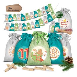 Kesser® Adventskalender zum Befüllen 24 Jutebeutel Gedruckte Stoffbeutel Kinder Weihnachtskalender zum Selber Befüllen Inkl.. 24x Schildchen + 1 Großer Aufbewahrungsbeutel Stoff