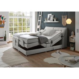 Boxspringbett ED EXCITING DESIGN "Carpino wahlweise in den Breiten 120cm oder 180cm erhältlich", grau (hellgrau artemis 18 silber), B:182cm L:234cm, Komplettbetten, Boxspringbett, inkl. Motor, Stauraum im Kopfteil und Topper