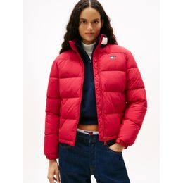 Steppjacke Tommy Jeans "TJW ESS PUFFER FLAG JACKET EXT", Damen, Gr. XXXL(46), rot (ruby rhubarb), Web, Obermaterial: 100% Nylon, unifarben mit Farbeinsatz, regular fit, Jacken Steppjacke