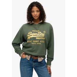 Sweatshirt Superdry "EMBELLISHED VL LOOSE CREW", Damen, Gr. L, grün (thyme grün), Sweatware, Obermaterial: 100% Seide, bedruckt, unifarben, relaxed fit hüftlang, Rundhals, Rippbündchen, Sweatshirts