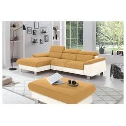 Polstergarnitur COTTA "Komaris L-Form, B: 242 bzw. 100 cm (Set: Ecksofa & Hocker)", gelb (creme, senf), B:242cm, Sitzmöbel-Sets, mit Kopfteilverstellung, optional Bettfunktion, Bettkasten & Licht