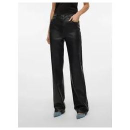Véro Moda Lederimitathose VERO MODA "VMTESSA HR WIDE PL PANTS NOOS", Damen, Gr. 29, Länge 32, schwarz, Web, Obermaterial: 96% Polyester, 4% Elasthan, unifarben, modisch, oversize normal, Hosen