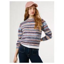Strickpullover Pepe Jeans "CELESTE CREW", Damen, Gr. M, weiß (oyster weiß), Strick, Obermaterial: 47% Polyester, 39% Polyacryl, 8% Nylon, 6% Wolle, gestreift, Casual, Rundhals, Rippstrickbündchen, Pullover, mit Rundhals