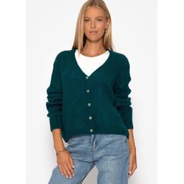 SASSYCLASSY Cardigan mit V-Ausschnitt und Knopfleiste in Dunkelgrün | Gr.: M