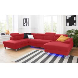 COTTA Wohnlandschaft »Komaris U-Form, B: 320 cm« mit Kopfteilverstellung, optional Bettfunktion, Bettkasten & Licht red