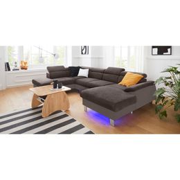 COTTA Wohnlandschaft &raquo;Komaris U-Form, B: 320 cm&laquo; mit Kopfteilverstellung, optional Bettfunktion, Bettkasten & Licht braun Microfaser PRIMABELLE (100% 