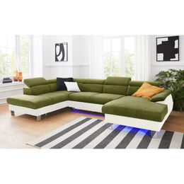 COTTA Wohnlandschaft »Komaris U-Form, B: 320 cm« mit Kopfteilverstellung, optional Bettfunktion, Bettkasten & Licht creme/green