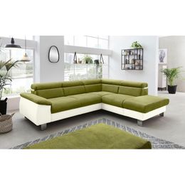 COTTA Ecksofa »Komaris L-Form, B: 249 cm« mit Kopfteilverstellung, optional Bettfunktion, Bettkasten & Licht creme/grün