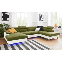 COTTA Wohnlandschaft »Komaris U-Form, B: 320 cm« mit Kopfteilverstellung, optional Bettfunktion, Bettkasten & Licht creme/green
