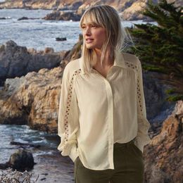 LANDS' END Geraffte Bluse aus Voile mit Spitzeneins&auml;tzen, Damen,  Beige, Baumwoll-Mischung/Viskose-Mischung, by Lands' End