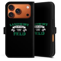 DeinDesign iPhone 17 Pro Handy Klapph&uuml;lle Handyh&uuml;lle aus Kunst Leder schwarz Flip Case Farmer Wisdom Tractor Sideflip mit Lasche