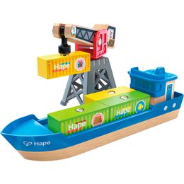 Spielzeug-Schiff HAPE "Frachtschiff und Hafenkran", bunt, Spielzeugfahrzeuge, KinderB:30cm H:18cm T:7cm, B:30cm H:18cm T:7cm