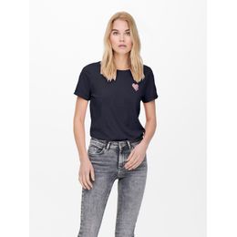 Kurzarmshirt Only "ONLKITA LIFE S/S TOP NOOS", Damen, Gr. M, blau (night sky print:rose gold glitter heart), Jersey, Obermaterial: 100% Baumwolle, bedruckt, regular fit normal, Rundhals, Shirts, regular fit, casual, Single Jersey, Baumwolle, Rundhals