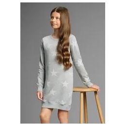 Sweatkleid Kidsworld "Sterne-Allover Kleid", Mädchen, Gr. 152/158, N-Gr, grau (grau, meliert), angeraute Sweatware, Obermaterial: 90% Baumwolle, 10% Viskose, Glitzermuster, bedruckt, modisch, tailliert ca. Mitte Oberschenkel, Rundhals, Langarm Bündchen, Kleider, für den Alltag, ca. Mitte Oberschenkel Länge, sportlicher Touch