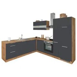Winkelküche KOCHSTATION "KS-Luhe", grau (front: grau matt, korpus: wotaneichefarben, arbeitsplatte: wotaneichefarben), B:240cm T:60cm, Komplettküchen-Sets, Küchenzeile, Stellbreite 240x270 cm, wahlweise mit oder ohne E-Geräten, MDF-Fronten