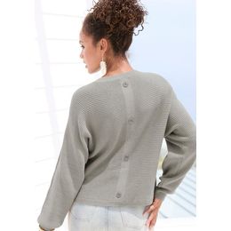Lascana Rundhalspullover grau Gr. 36/38 für Damen. Rundhals und Zierknöpfe. Figurumspielend. Nachhaltig.