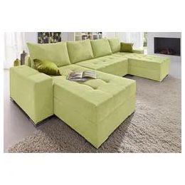 Wohnlandschaft Collection AB "Josy XL U-Form, B: 313 cm in Flachgewebe, Struktur, Kunstleder", grün, B:313cm H:84cm T:161cm, 100% Polyester, Sofas, mit Bettfunktion, Bettkasten & 2 Zierkissen, Federkern