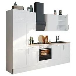 Küche KOCHSTATION "KS-Ahus", weiß (küche: weiß, front: weiß matt, korpus: weiß, arbeitsplatte: eichefarben struktur), B:280cm H:211,8cm T:60cm, Komplettküchen-Sets, Küchenzeile, 280 cm breit,wahlweise mit E-Geräten,MDF Fronten, Soft Close Funktion