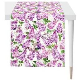 Tischläufer Apelt "6820 SPRINGTIME, Frühjahrsdeko, Frühling", bunt (flieder, weiß, grün), B:48cm L:140cm, Baumwolle, Polyester, Tischdecken, mit Blütenmotiv, Digitaldruck, Flieder All-Over