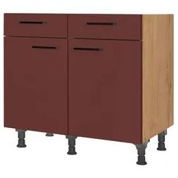 Unterschrank Nobilia ""Easytouch", vormontiert, Breite 90 cm, Soft-Close-Funktion", rot (front: lacklaminat rostrot ultramatt, korpus: eiche sierra nachbildung), B:90cm H:87cm T:58,3cm, Schränke, bei den Schubkästen, inkl. höhenverstellbare Sockelfüße