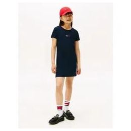 Shirtkleid Tommy Hilfiger "STRAIGHT PUNTO DRESS S/S", Mädchen, Gr. 16 (176), N-Gr, blau (schwarz night navy), Web, Obermaterial: 72% Polyester, 23% Modal, 5% Elasthan, unifarben, casual, straight fit ca. Mitte Oberschenkel, Rundhals, Kurzarm eingesetzt gerader Abschluss, Kleider, Kinder bis 16 Jahre