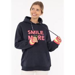 Zwillingsherz Damen Hoodie &raquo;"Smile More"&laquo;, Neonb&uuml;ndchen, Kapuze, Langarm, B&auml;nder mit Schrifzug, K&auml;ngurutasche blau SM (S/M)