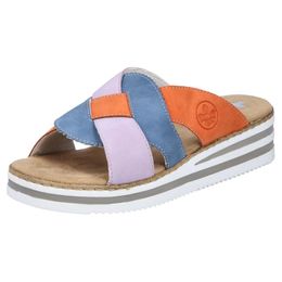 Rieker Pantolette Sommerschuh, Strandschuh, Hausschuh mit zweifarbiger Plateausohle flieder-bleu-orange 38 38 Pantolette mit Überkreuzbandagen