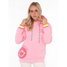 Zwillingsherz Damen Hoodie &raquo;Always Happy&laquo;, Smiley aus Frottee, Neon-Details, Kapuze, Langarm rosa L/XL