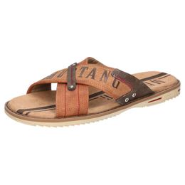 Mustang Shoes Pantolette, Sommerschuh, Schlappen, Poolslides, mit auff&auml;lligem Logoschriftzug cognacfarben-dunkelbraun 46 46 Pantolette mit &Ouml;sen,...