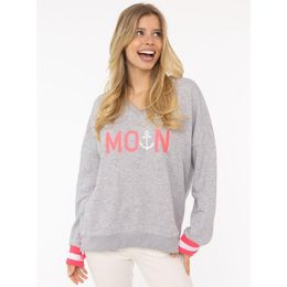 Zwillingsherz Damen Sweatshirt, V-Ausschnitt, Langarm, Stickerei, hinten etwas l&auml;nger geschnitten grau SM (S/M)