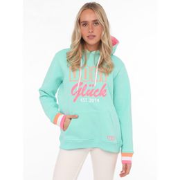 Zwillingsherz Damen Sweater &raquo;"Dorfgl&uuml;ck"&laquo;, mit l&auml;ndlichem Charme, bunter Stickerei, K&auml;ngurutaschen gr&uuml;n SM (S/M)