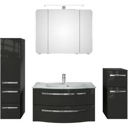 Badmöbel-Set SAPHIR "Serie 4005, vormontiert, Glaswaschbecken, Spiegelschrank", grau (lack steingrau hgl, quarzgrau hgl), Holzwerkstoff, Kastenmöbel-Sets, Badezimmer-Set mit Unterschrank, Midischrank, inkl. Türdämpfer